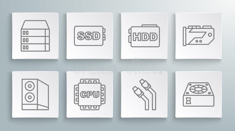 Set Line Case of Computer, SSD Card, Processor with CPU, LAN Cable ...