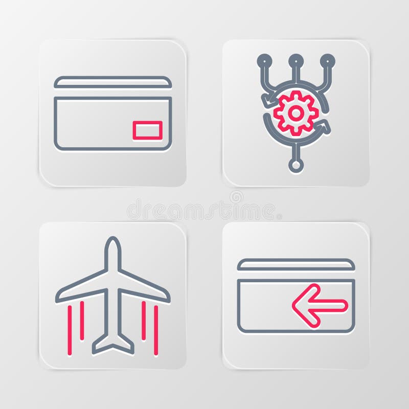 Set Line Cash Back, Plane, Algorithm and Credit Card Icon. Vector Stock ...