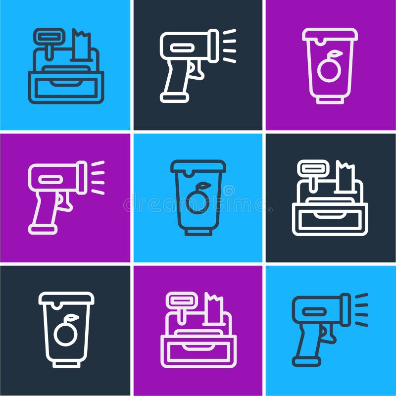 Set Line Cash Register Machine, Yogurt Container and Scanner Scanning ...