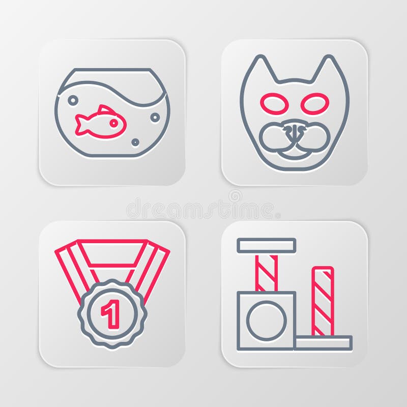 Set Line Cat Scratching Post, Dog Award Symbol, and Aquarium with Fish ...