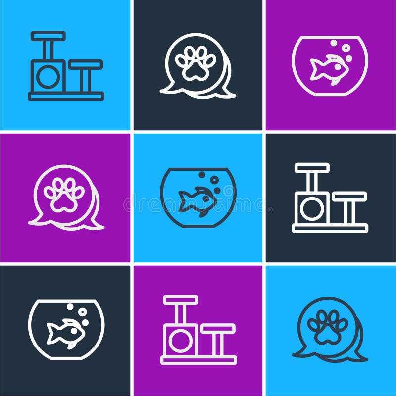 Set Line Cat Scratching Post with Toy, Aquarium Fish and Paw Print Icon ...