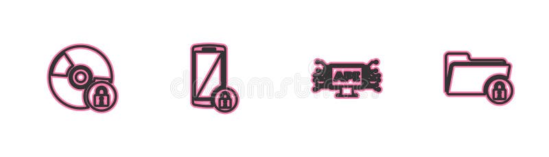 Set Line CD or DVD Disk with Lock, Computer Api Interface, Smartphone and Folder and Icon ...