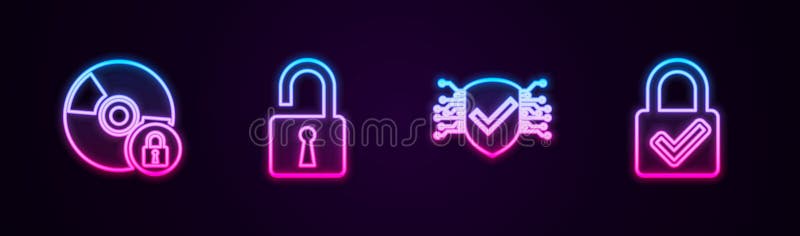 Set Line CD or DVD Disk with Lock, Open Padlock, Cyber Security and ...