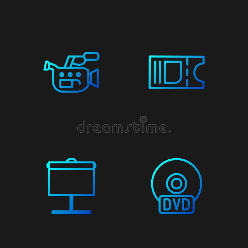 Set Line CD or DVD Disk, Projection Screen, Cinema Camera and Ticket ...