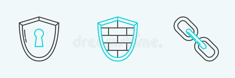 Set Line Chain Link, Shield with Keyhole and Cyber Security Brick Wall ...
