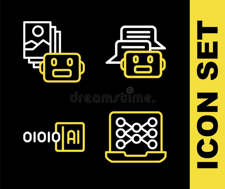 Set Line Chat Bot, Neural Network, Binary Code and Artificial Intelligence Robot Icon. Vector ...