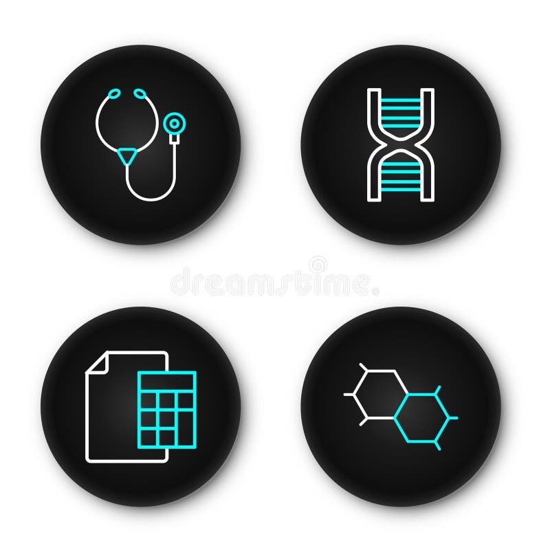 Set Line Chemical Formula, Calculator, DNA Symbol and Stethoscope Icon ...
