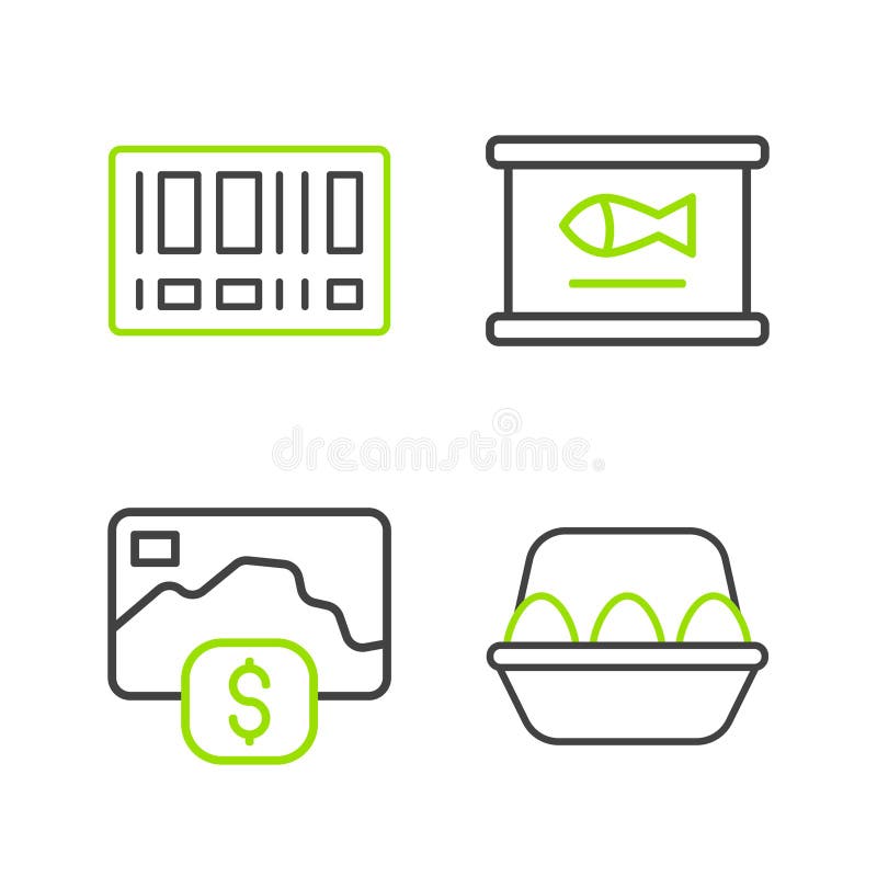 Set Line Chicken Egg in Box, Credit Card, Canned Fish and Barcode Icon ...