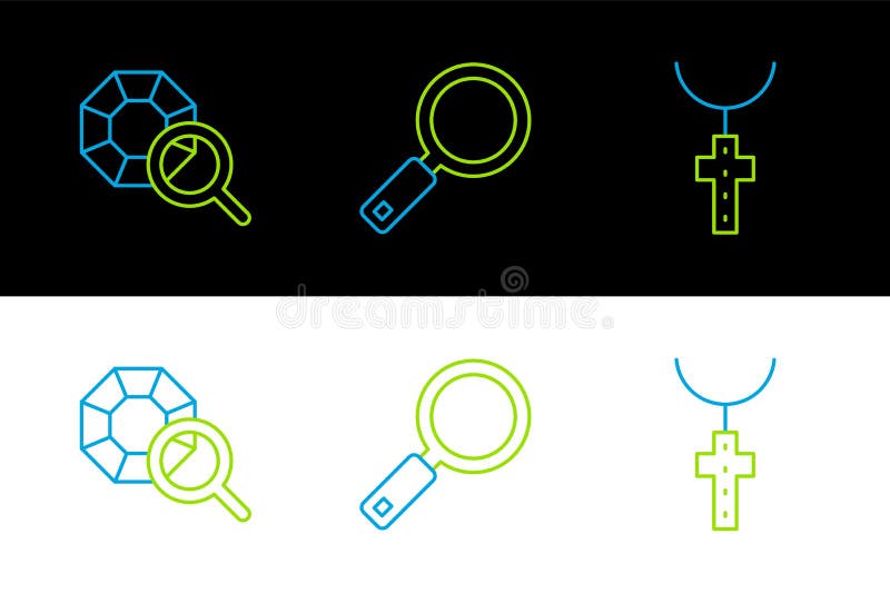 Set Line Christian Cross on Chain, Gem Stone and Magnifying Glass Icon ...