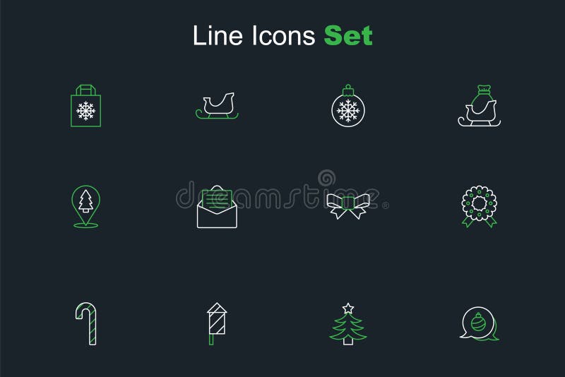 Set Line Christmas Ball, Tree, Firework Rocket, Candy Cane with Stripes ...