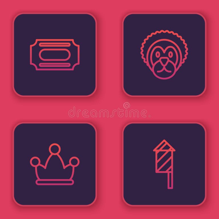 Set Line Circus Ticket, Jester Hat with Bells, Wild Lion and Firework ...