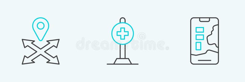 Set Line City Map Navigation, Location and with Cross Hospital Icon ...