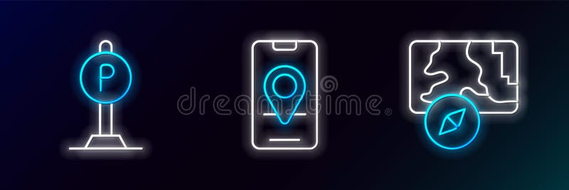 Set Line City Map Navigation, Parking and Icon. Glowing Neon. Vector ...