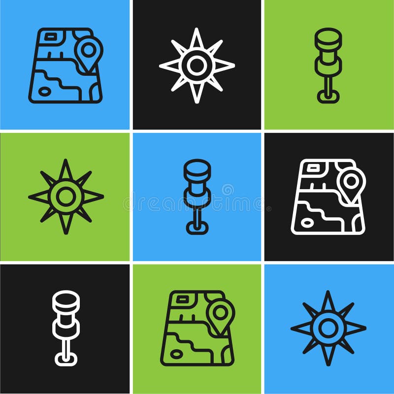 Set Line City Map Navigation, Push Pin and Wind Rose Icon. Vector Stock ...