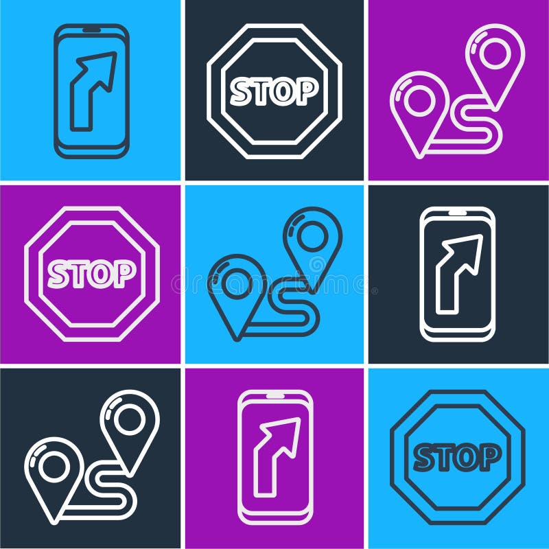 Set Line City Map Navigation, Route Location and Stop Sign Icon. Vector ...