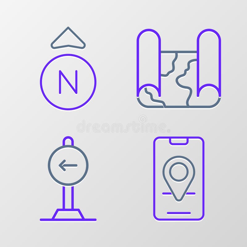 Set Line City Map Navigation, Traffic Sign Turn Left, Folded and ...