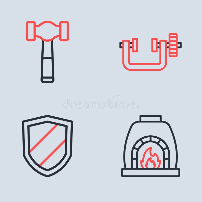 Set Line Clamp and Tool, Shield, Blacksmith Oven and Hammer Icon ...