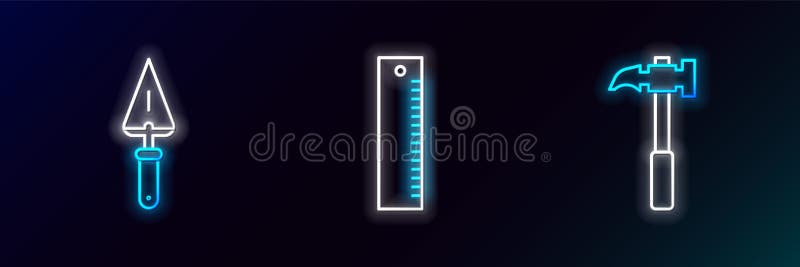 Set Line Claw Hammer, Trowel and Ruler Icon. Glowing Neon. Vector Stock ...