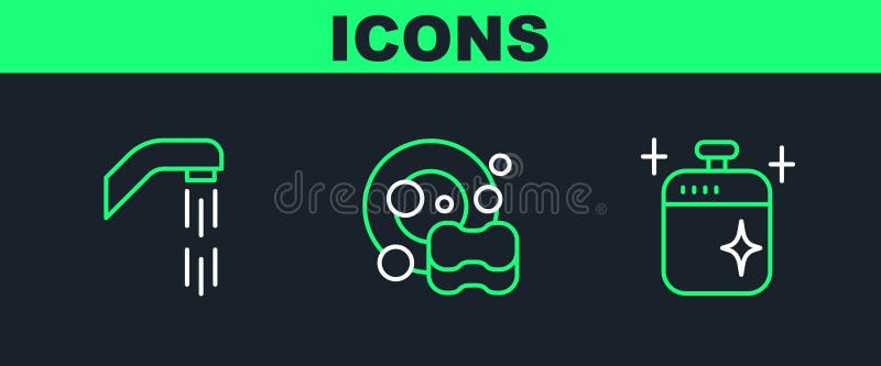 Set Line Clean Cooking Pot, Shower Head and Washing Dishes Icon. Vector ...