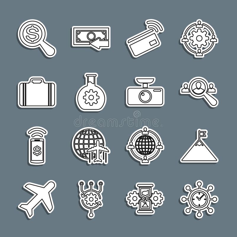 Set Line Clock and Gear, Mountains Flag, Magnifying Glass for Search ... Set Line Clock and Gear, Mountains Flag, Magnifying Glass for Search ...