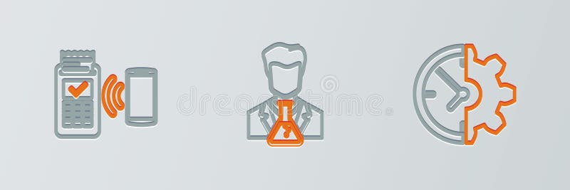 Set Line Clock and Gear, POS Terminal and Scientist Test Tube Icon ...