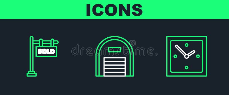 Set Line Clock, Hanging Sign with Text Sold and Warehouse Icon. Vector ...