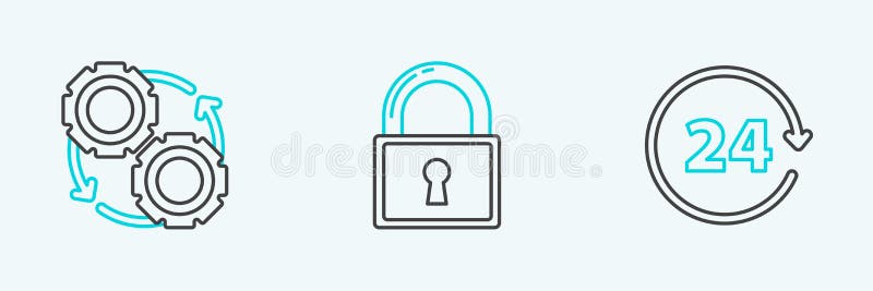 Set Line Clock 24 Hours, Gear and Arrows As Workflow Process Concept ...