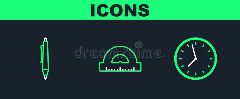 Set Line Clock, Pen and Protractor Grid for Measuring Degrees Icon ...