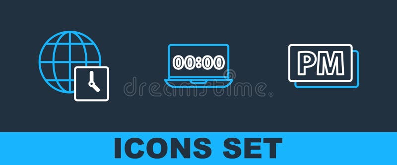 Set Line Clock PM, World Time and on Laptop Icon. Vector Stock ...