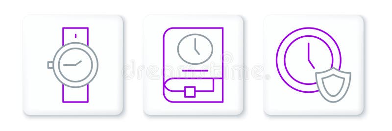 Set Line Clock with Shield, Wrist Watch and Time for Book Icon. Vector ...