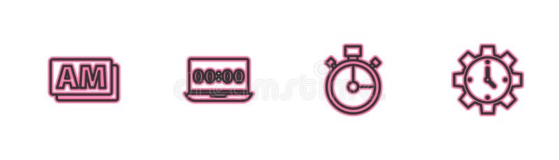 Set Line Clock am, Stopwatch, on Laptop and Time Management Icon ... Set Line Clock am, Stopwatch, on Laptop and Time Management Icon ...