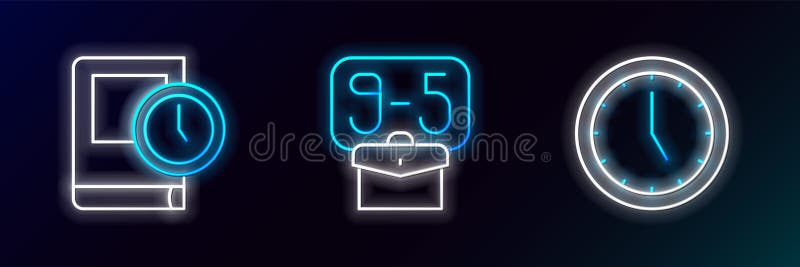 Set Line Clock, Time for Book and from 9 Icon. Glowing Neon. Vector ...