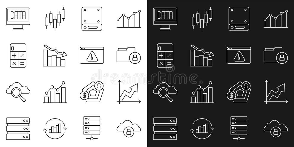 Set Line Cloud Computing Lock, Financial Growth, Folder and, Server, Decrease, Calculator, Data ...