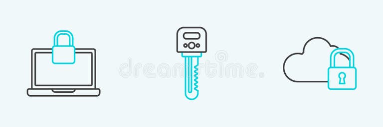 Set Line Cloud Computing Lock, Laptop and and Key Icon. Vector Stock ...
