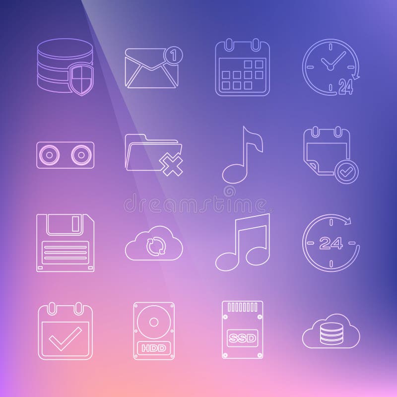 Set Line Cloud Database, Clock 24 Hours, Calendar with Check Mark ... Set Line Cloud Database, Clock 24 Hours, Calendar with Check Mark ...