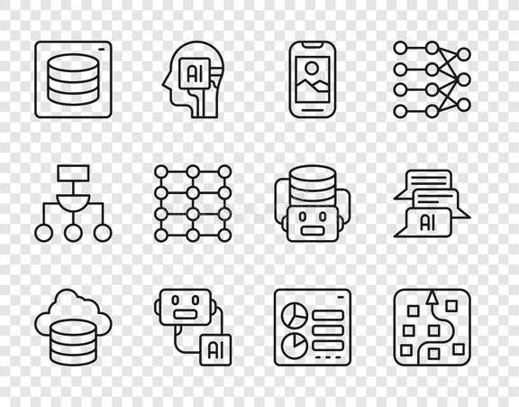 Set Line Cloud Database, Neural Network, Mobile Phone, Artificial Intelligence Robot, Server ...