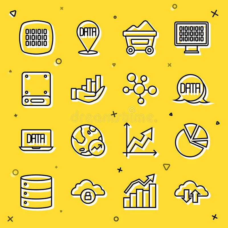 Set Line Cloud Download and Upload, Pie Chart Infographic, Data Analysis, Coal Mine Trolley ...