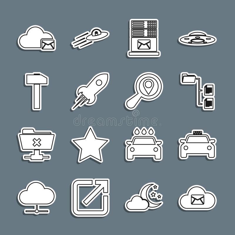 Set Line Cloud Mail Server, Taxi Car, Folder Tree, Mail, Rocket Ship ... Set Line Cloud Mail Server, Taxi Car, Folder Tree, Mail, Rocket Ship ...