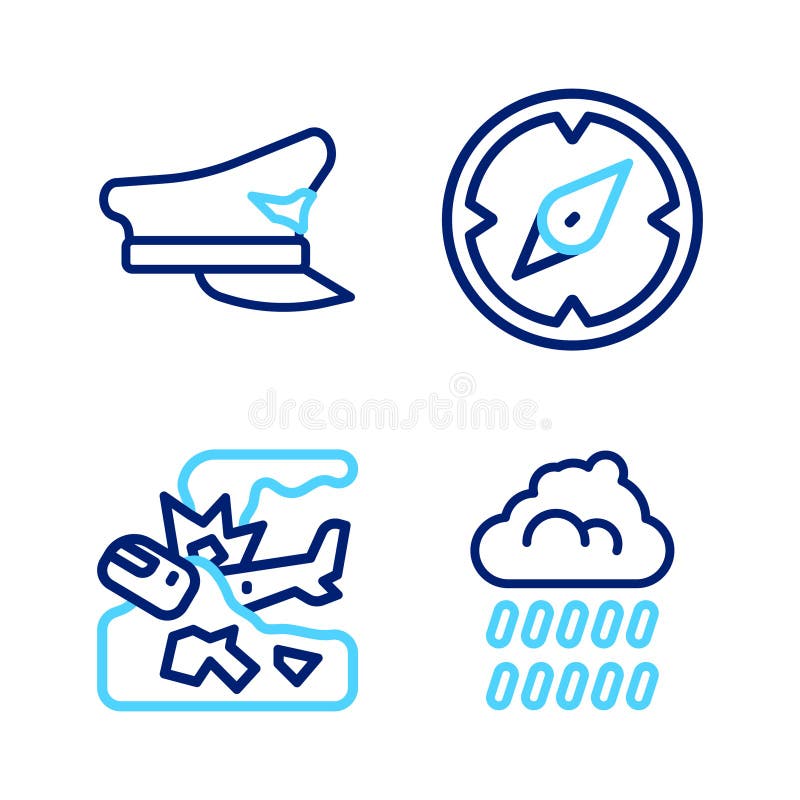 Set Line Cloud with Rain, Plane Crash, Compass and Pilot Hat Icon ...