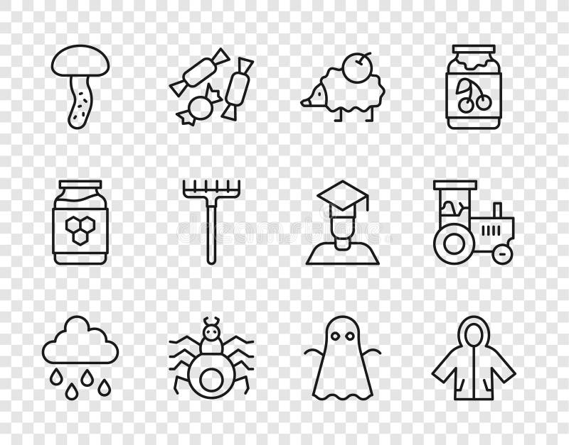Set Line Cloud with Rain, Raincoat, Hedgehog, Spider, Mushroom, Garden ...
