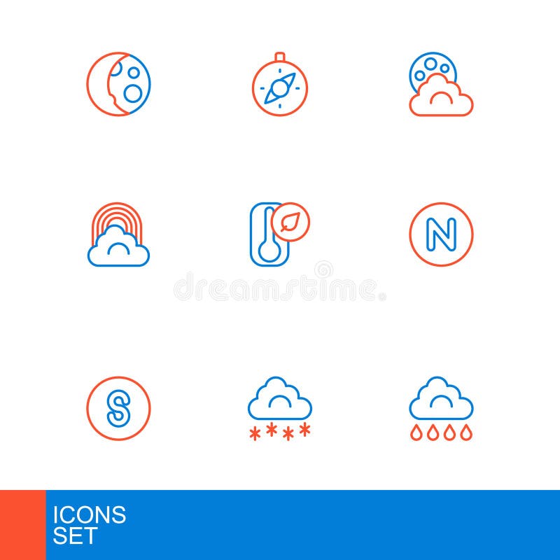 Set Line Cloud with Rain, Snow, Compass South, North, Rainbow Cloud ...