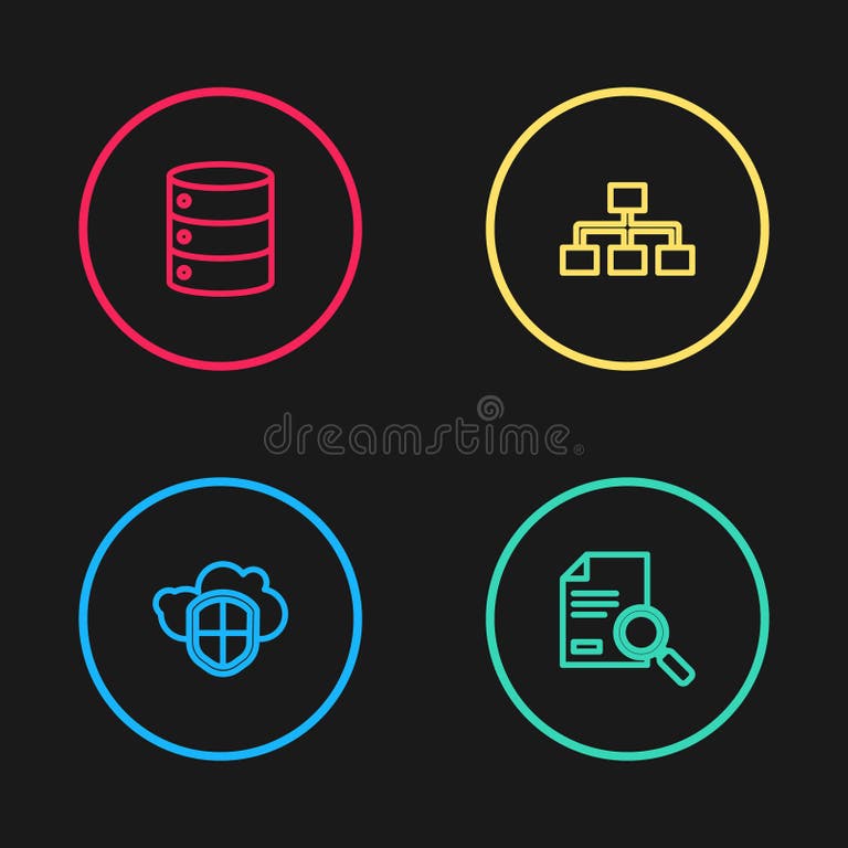 Set Line Cloud and Shield, Document with Search, Hierarchy Organogram Chart and Server, Data ...