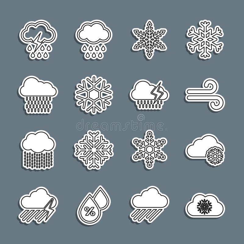 Set Line Cloud with Snow, Wind, Snowflake, Rain, and Lightning and Icon ...