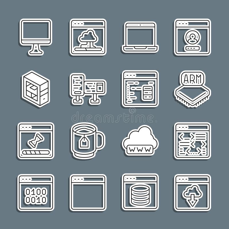 Set Line Cloud Technology Data Transfer, Software, Processor, Laptop, Computer Monitor Screen ...