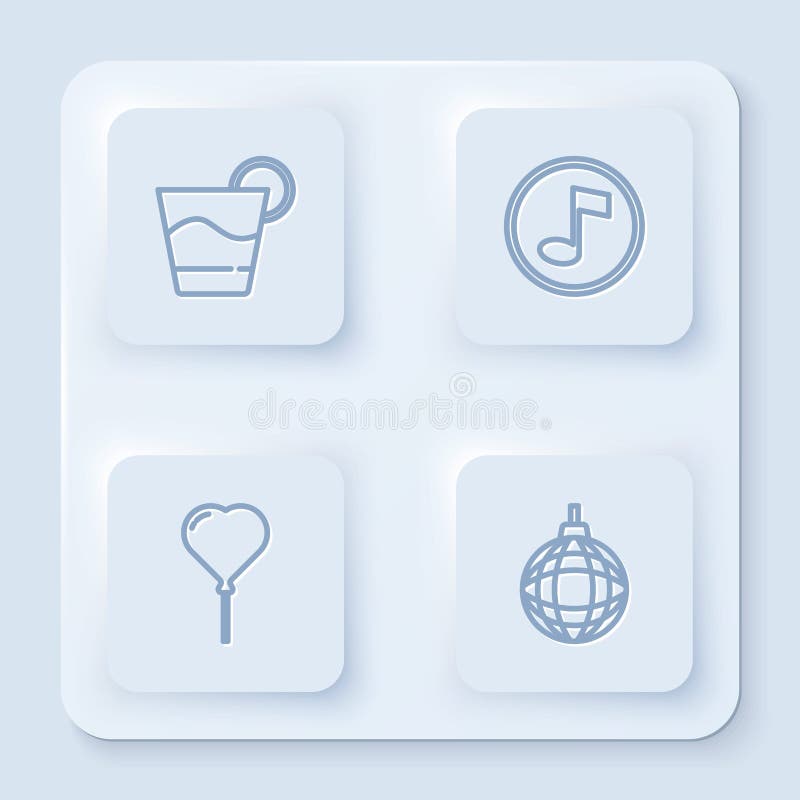 Set Line Cocktail, Music Note, Tone, Balloon in Form of Heart and Disco ...