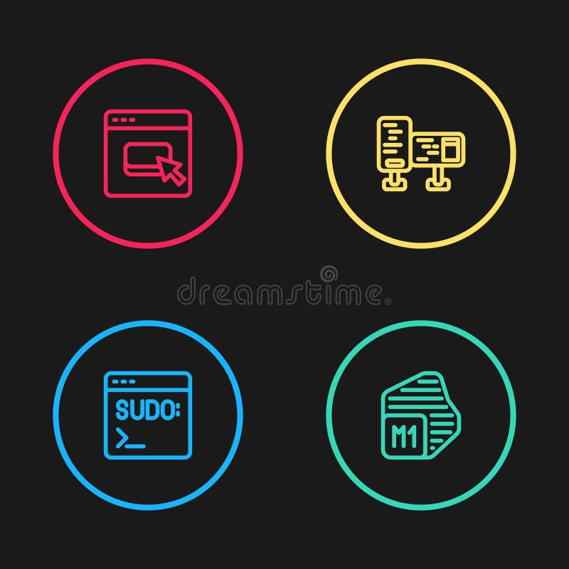 Set Line Code Terminal Processor Computer Monitor Screen And Browser Files Icon Vector Stock