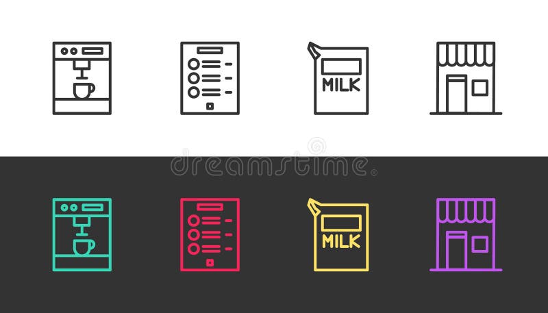 Set Line Coffee Machine, Menu, Paper Package for Milk and Shop on Black ...