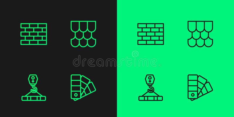 Set Line Color Palette Guide, Crane Hook, Bricks and Roof Tile Icon ...