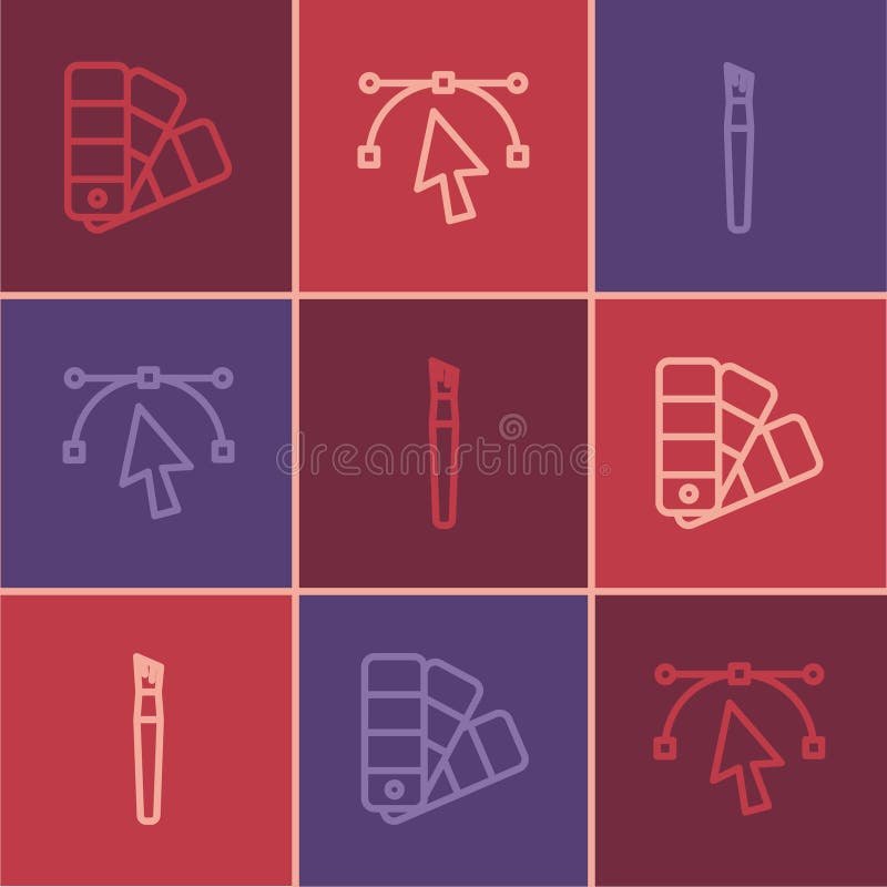 Set Line Color Palette Guide, Paint Brush and Bezier Curve Icon. Vector ...