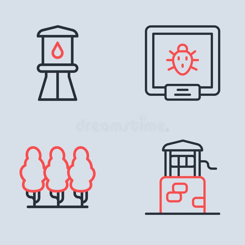 Set Line Colorado Beetle, Fruit Trees, Well and Water Tower Icon ...